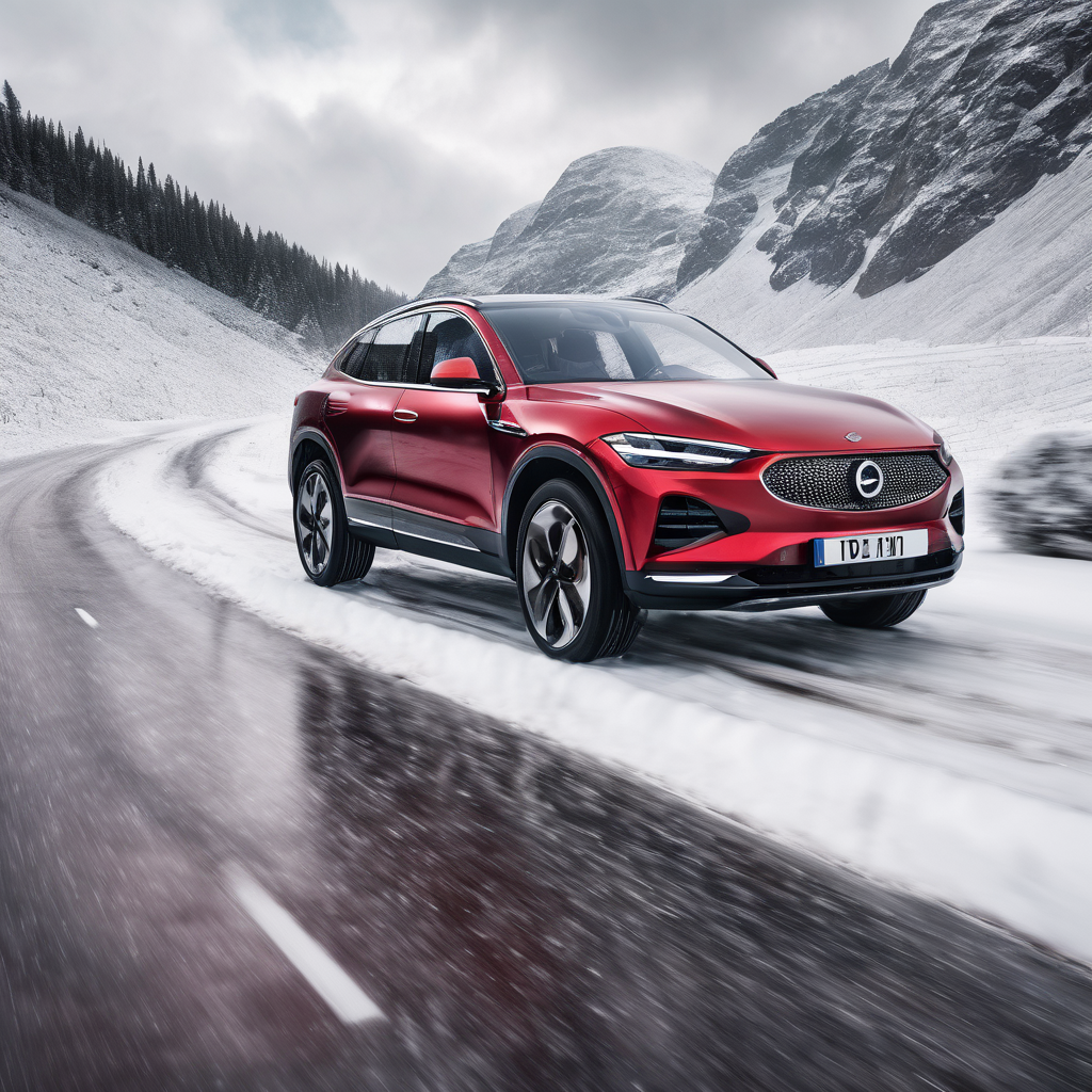 A stunning metallic red electric vehicle on a snowy road, professional ...